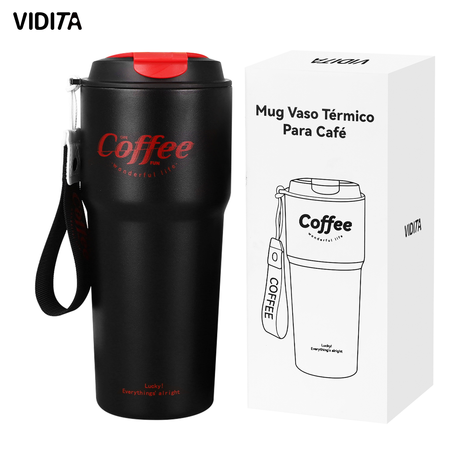 VIDITA Mug Termo Botella Vaso Termico Cafe Acero Inoxidable 620ml Negro ...