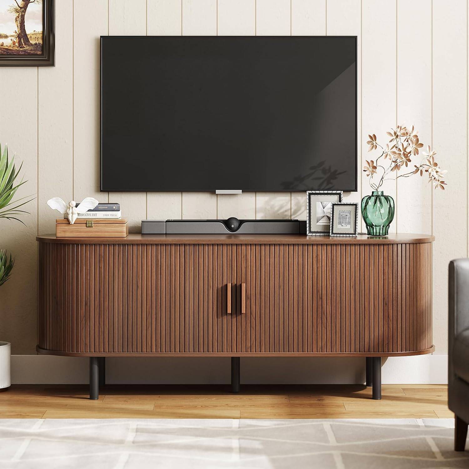 Rendpas 65 Inch TV Stand with Sliding Doors – Modern Fluted Media ...